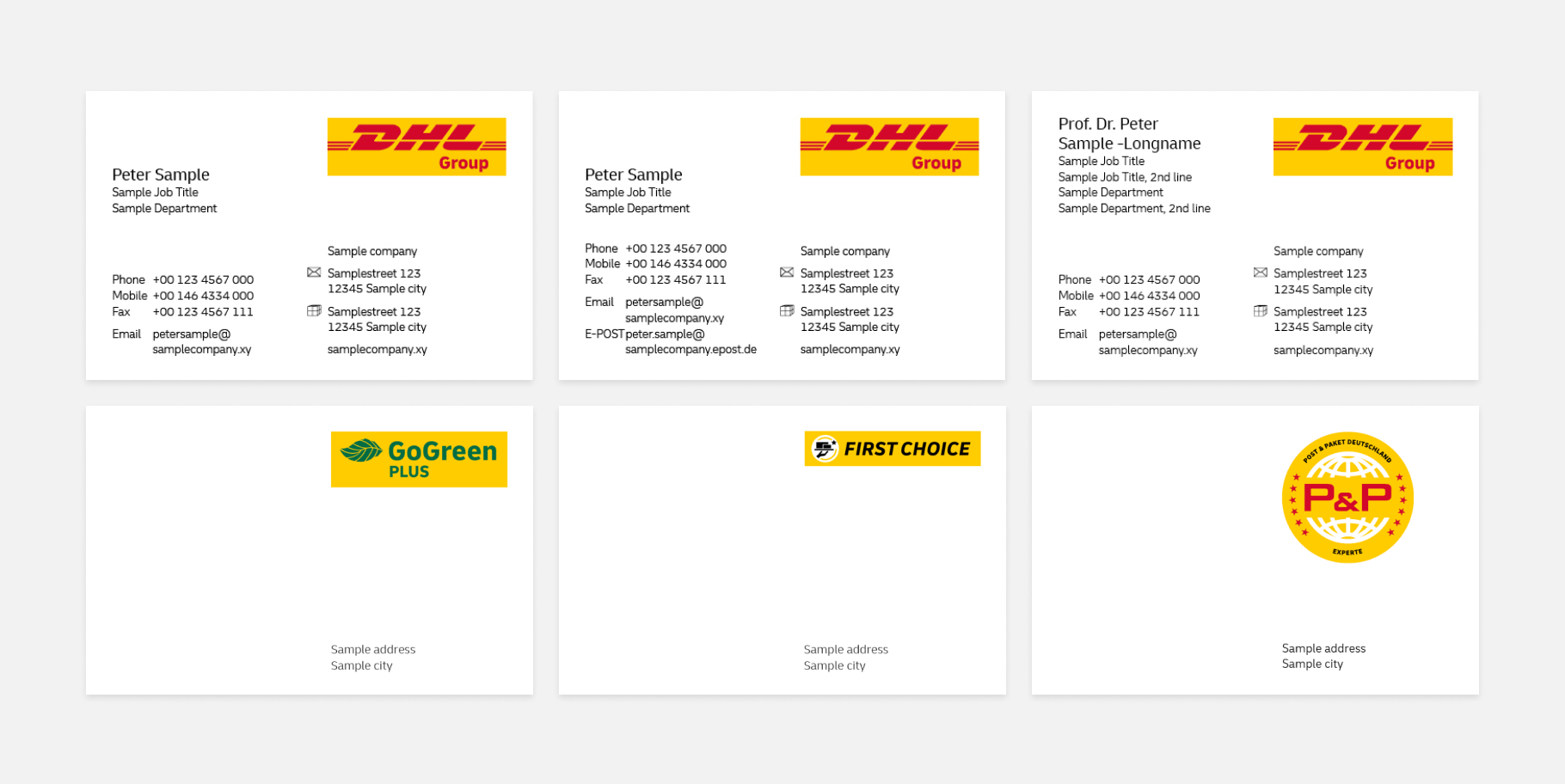 Business cards (Top: front side options, Bottom: back side options)