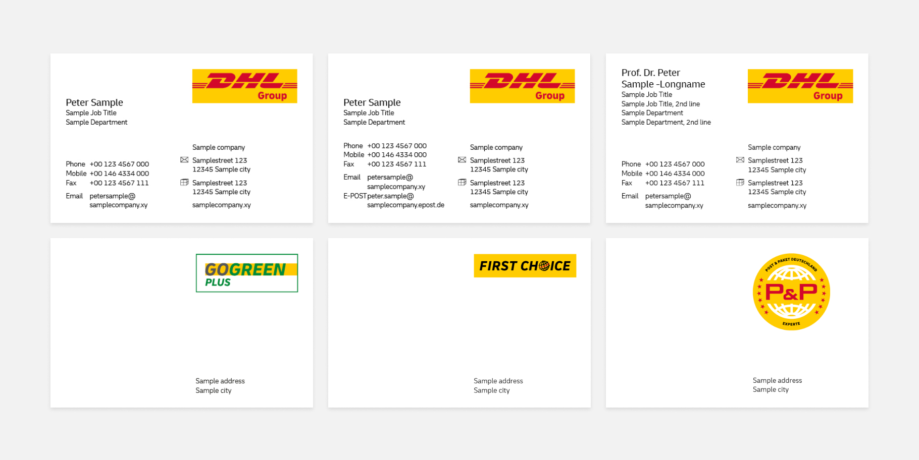 Business cards (Top: front side options, Bottom: back side options)