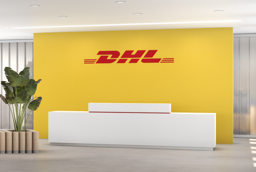 Cubic counter with a red horizontal groove in front of a brand wall ...