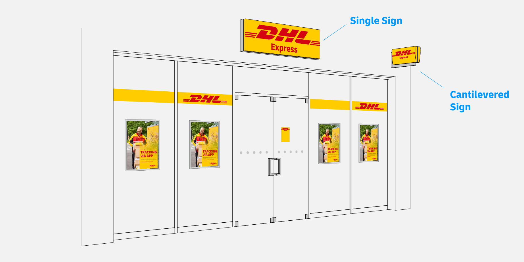 Exterior signage with narrow single sign